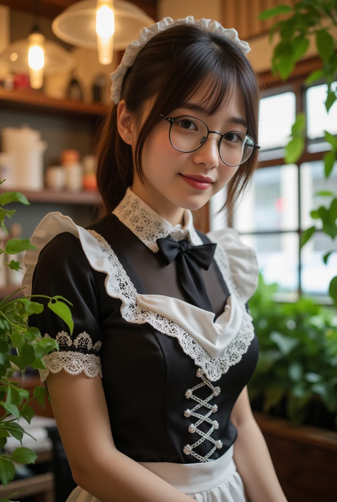 A beautiful maid in a maid cafe, wearing a round glasses, close - SeaArt AI