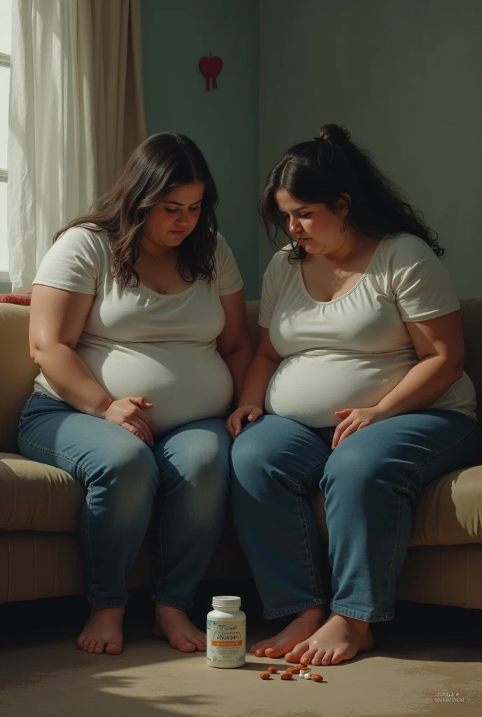 Fat women sitting in front of some fat loss drug feeling blue - SeaArt AI