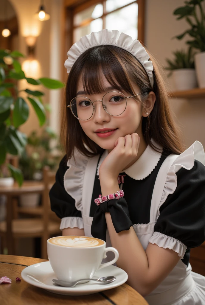 Welcome to maid cafe, A beautiful maid in a maid cafe, wearing a round ...