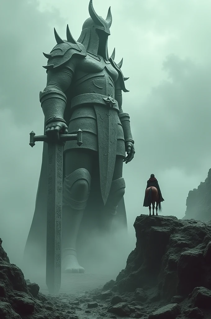 A towering stone statue of an ancient armored warrior, intricately ...