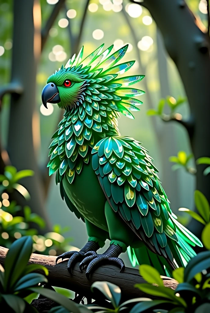 In the center of the image, a green crystal diamond macaw, hybrid ...