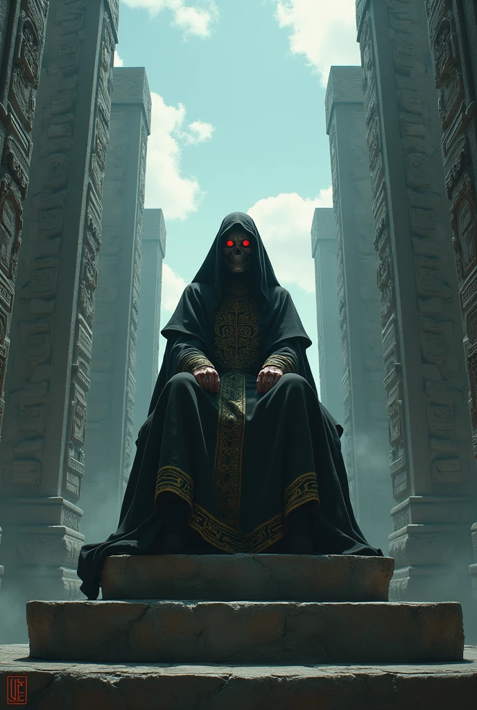 A gigantic altar, surrounded by sky-high columns carved with strange ...