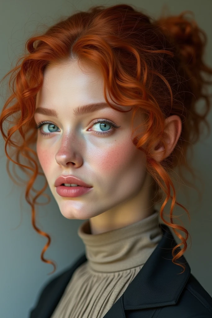 Create A woman in her 30s with curly red hair and blue eyes, wearing ...