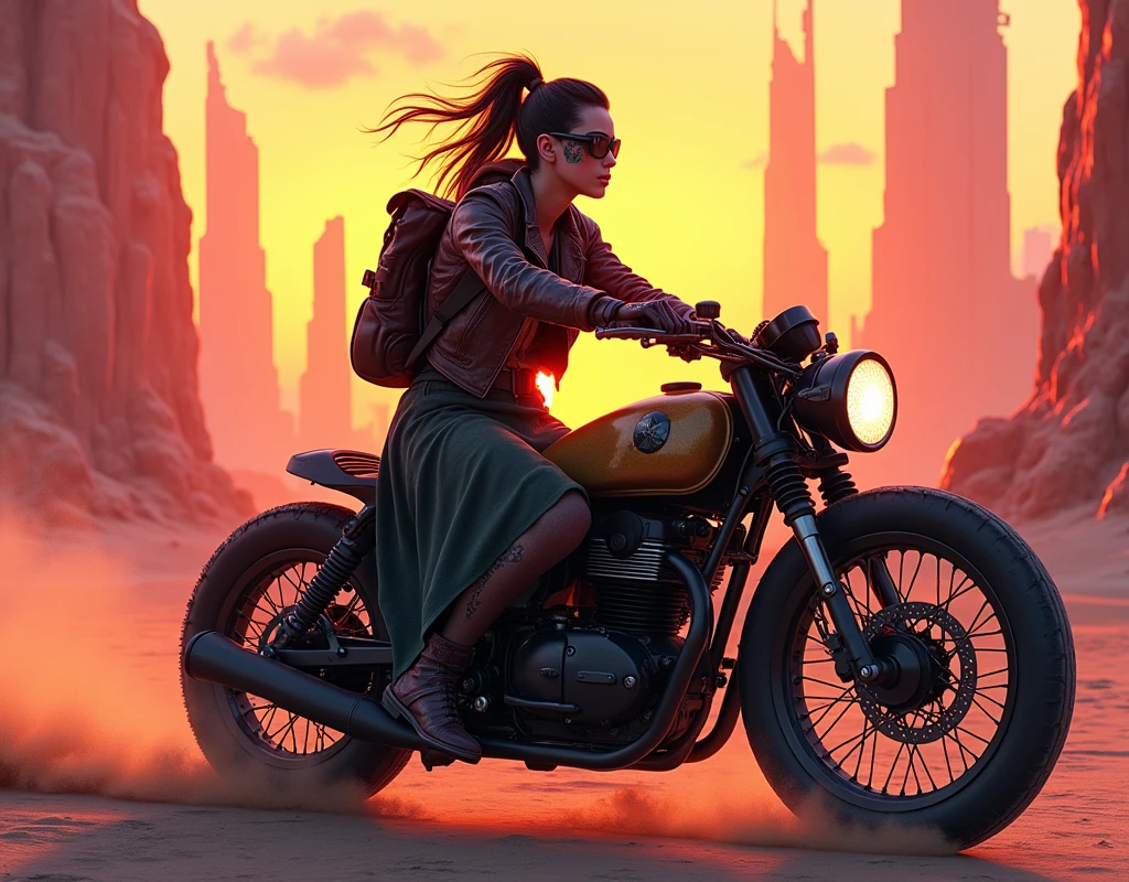 A full shot diagonal woman and trail motorcycle complete of a beautiful ...