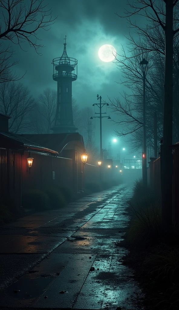 Create a scene of the first Halloween Horror Nights event with an eerie ...