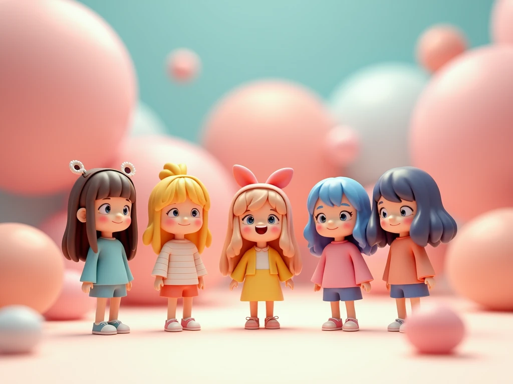 3d sculpted chibi five girls, cute, colorful, simple, cinema 4d render ...