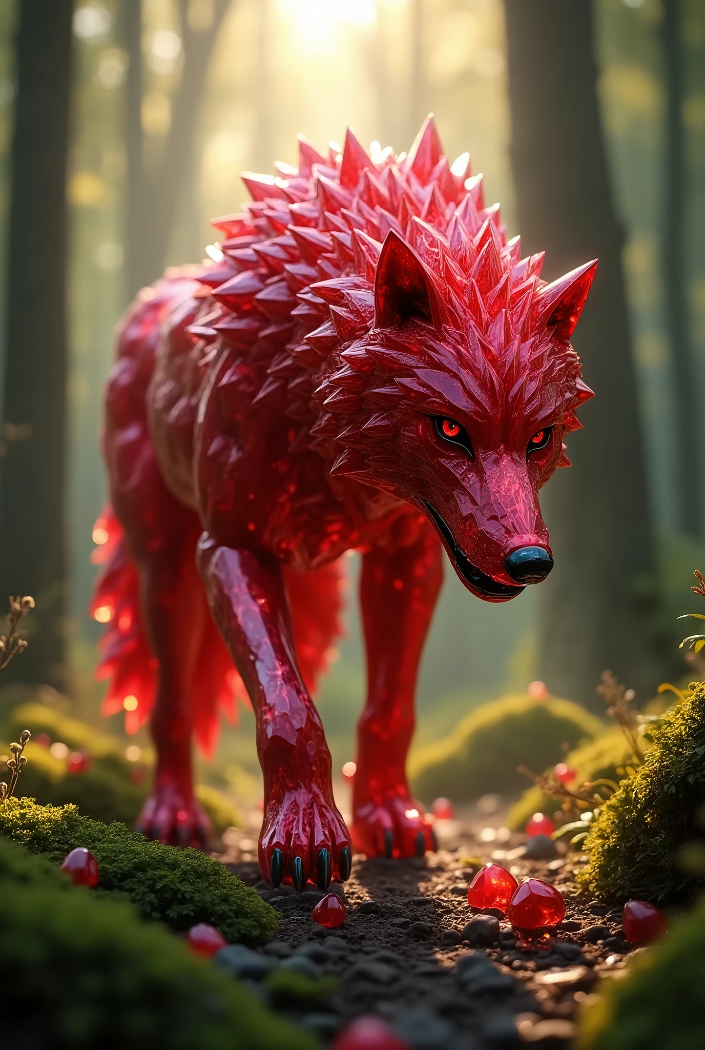 There is a red plastic wolf statue in the woods - SeaArt AI