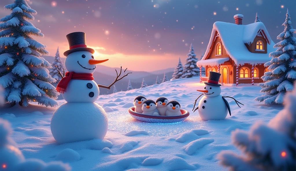 Create a magical winter wonderland. Include snow-covered pine trees ...