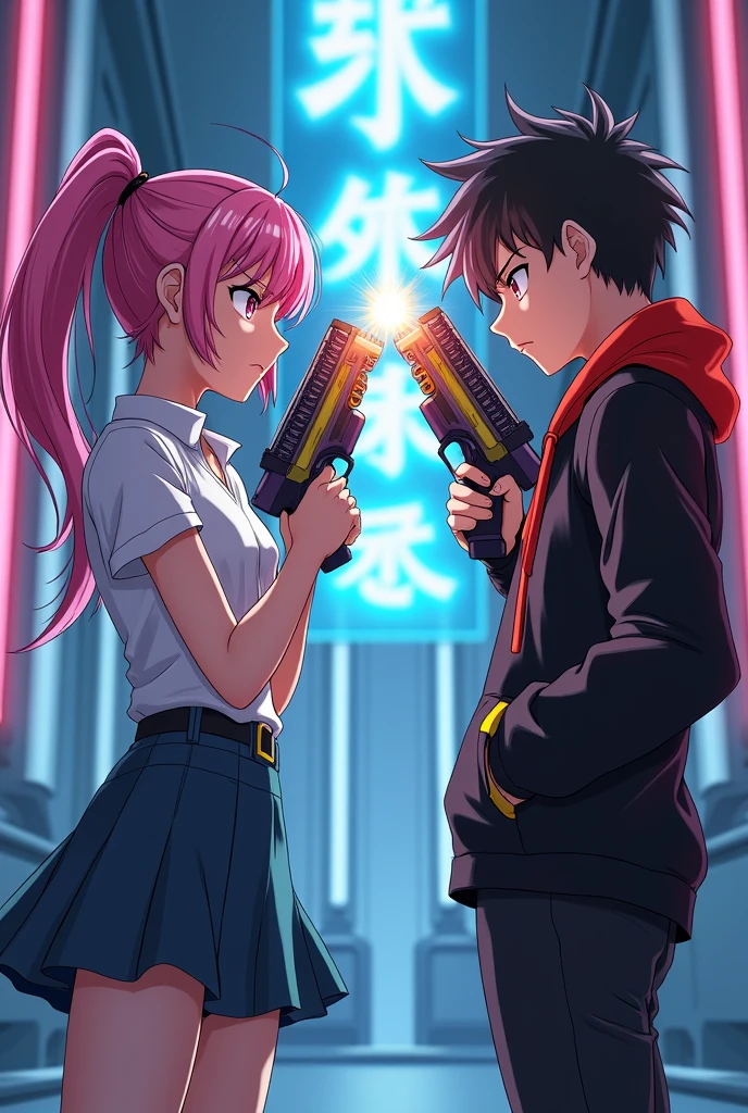 One girl with a lasar gun and a boy with a laser gun anime rivals ...