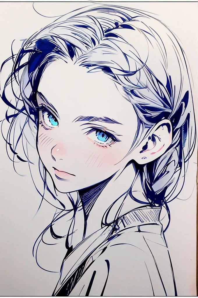 Pen_sketch_style, 1girl, solo, ink, sketch,Blue eyes, beautiful cheeks ...