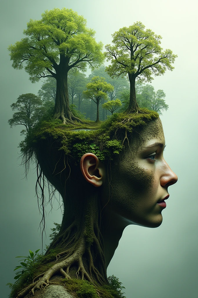An open human head , with a dense forest growing from within - SeaArt AI