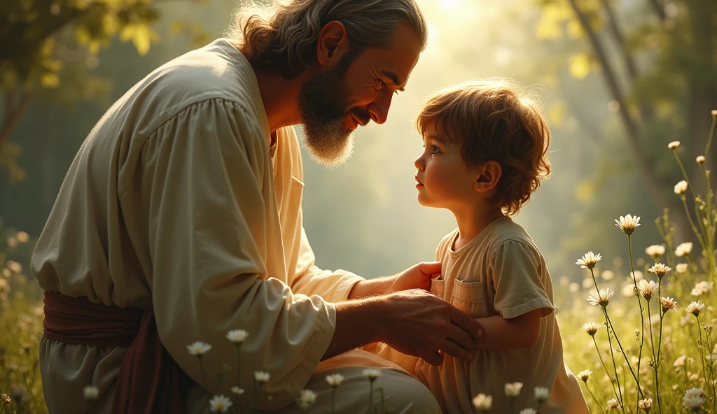 A father lovingly correcting a in a serene environment, representing ...