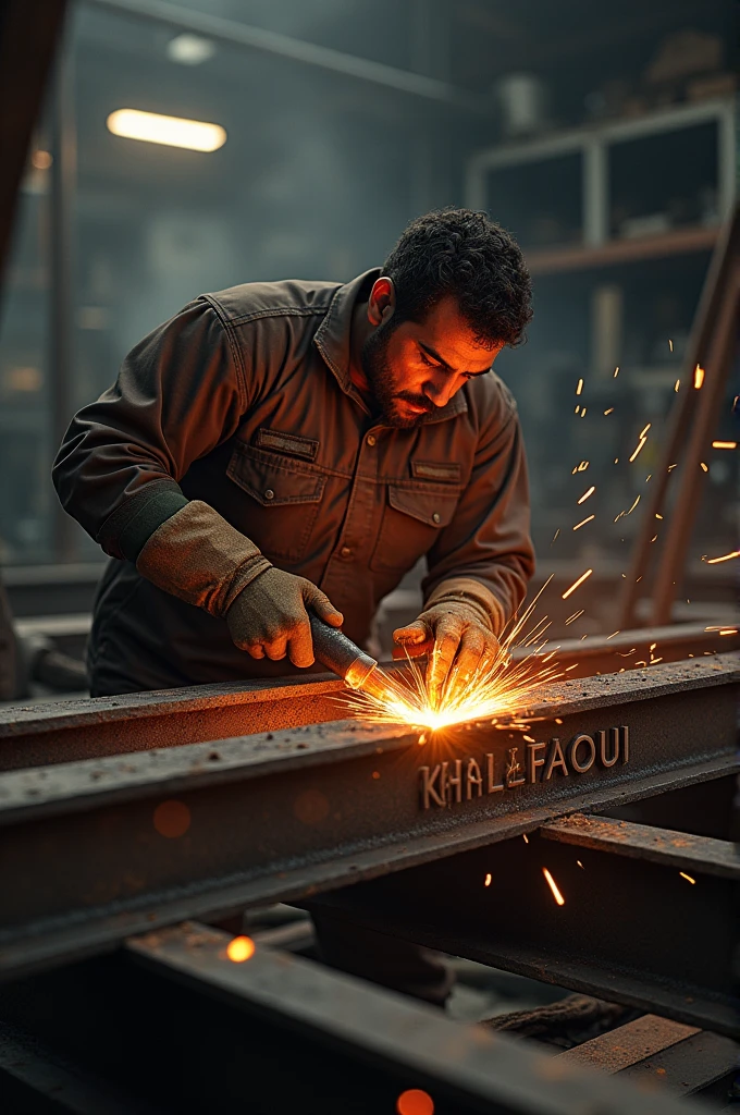 Man welding putrelle with written in the putrella iron center Khalfaoui ...