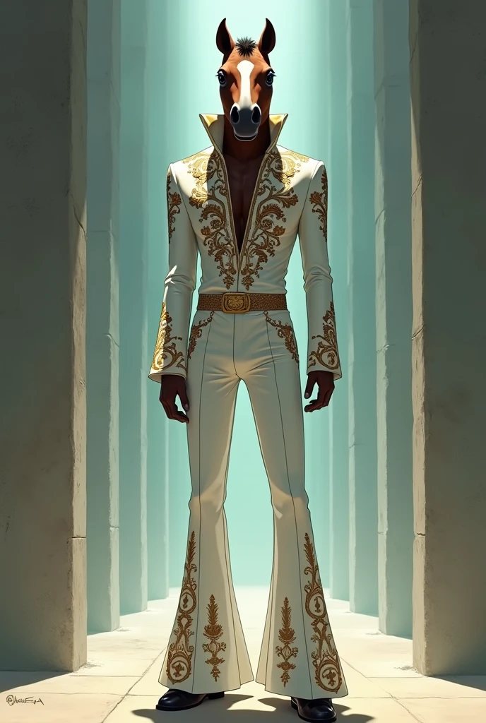 Tall man with brown horse mask, Elvis Presley anime style white clothes ...