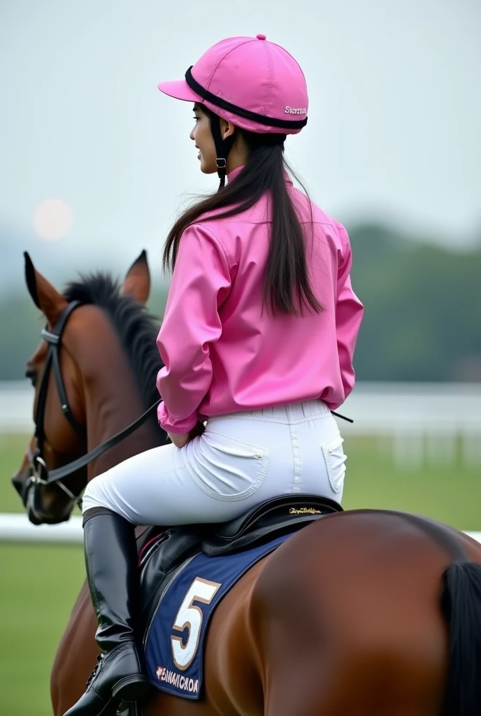 teenage Japanese female jockey sitting on racehorse,white jockey pants ...