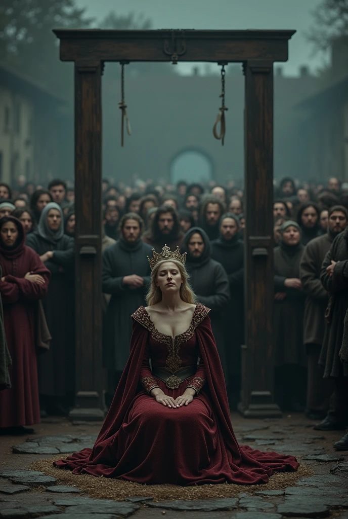 Ultra realistic image of a dark medieval time, a queen with eyes closed ...