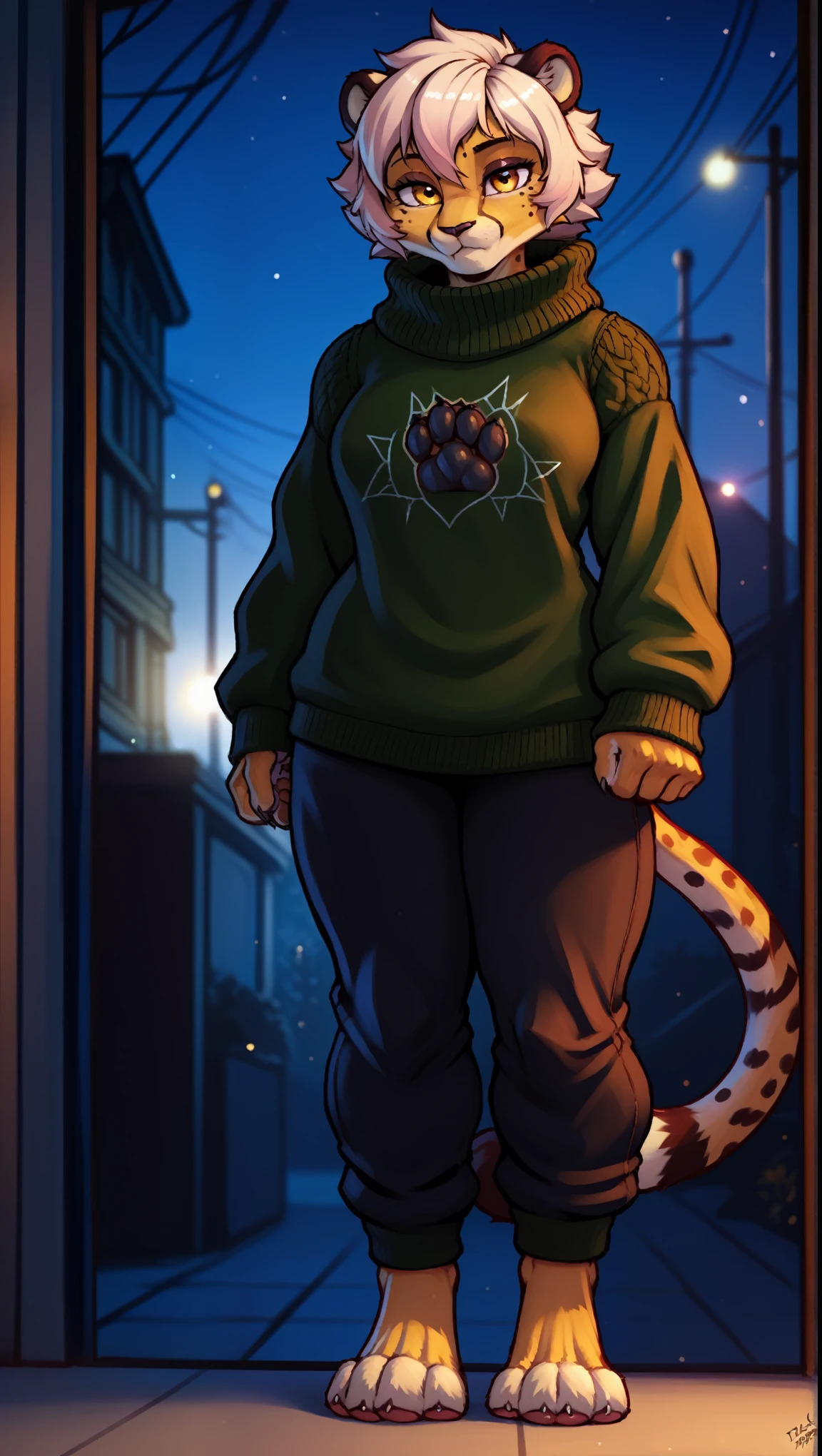 Cartoon cat in a sweater and pants standing on a sidewalk - SeaArt AI