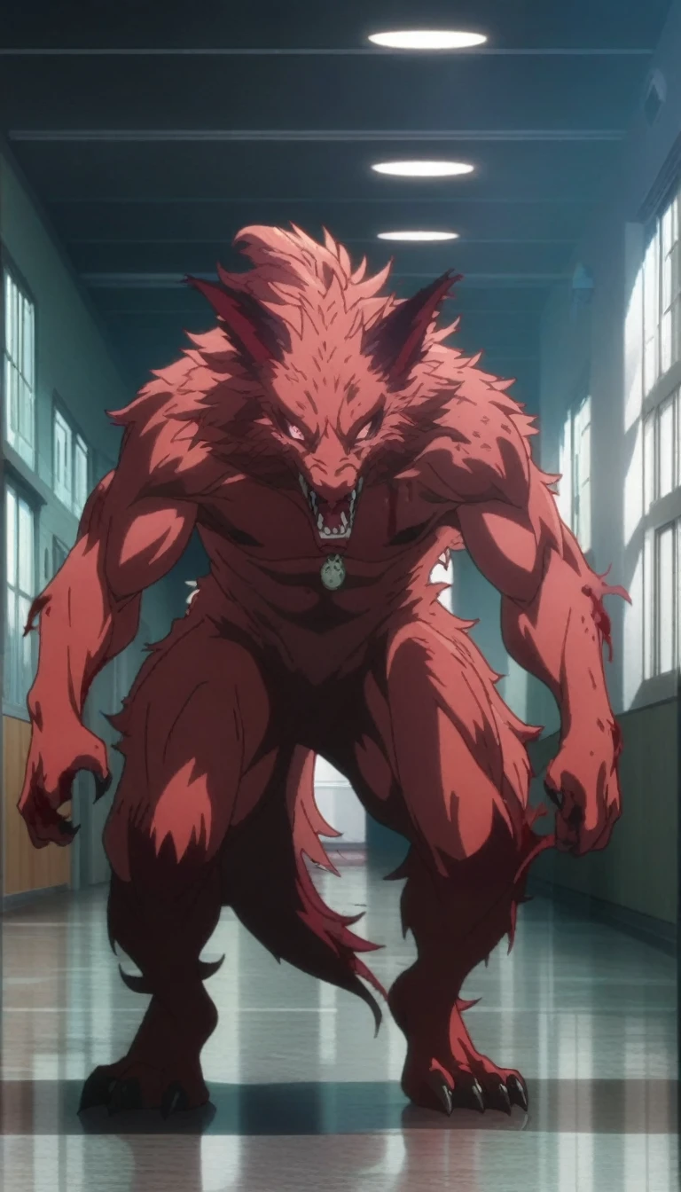 ((Fox monster, made with blood)), red eyes, day, school hallway ...
