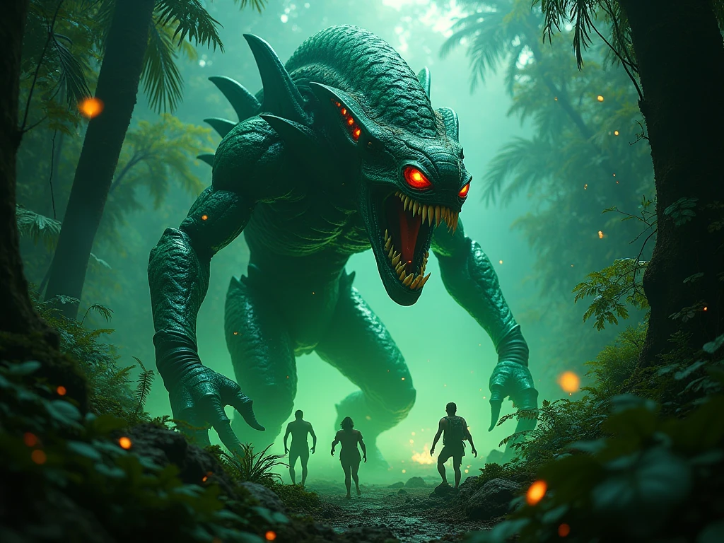 An alien predator, towering and armored with bioluminescent scales - SeaArt AI