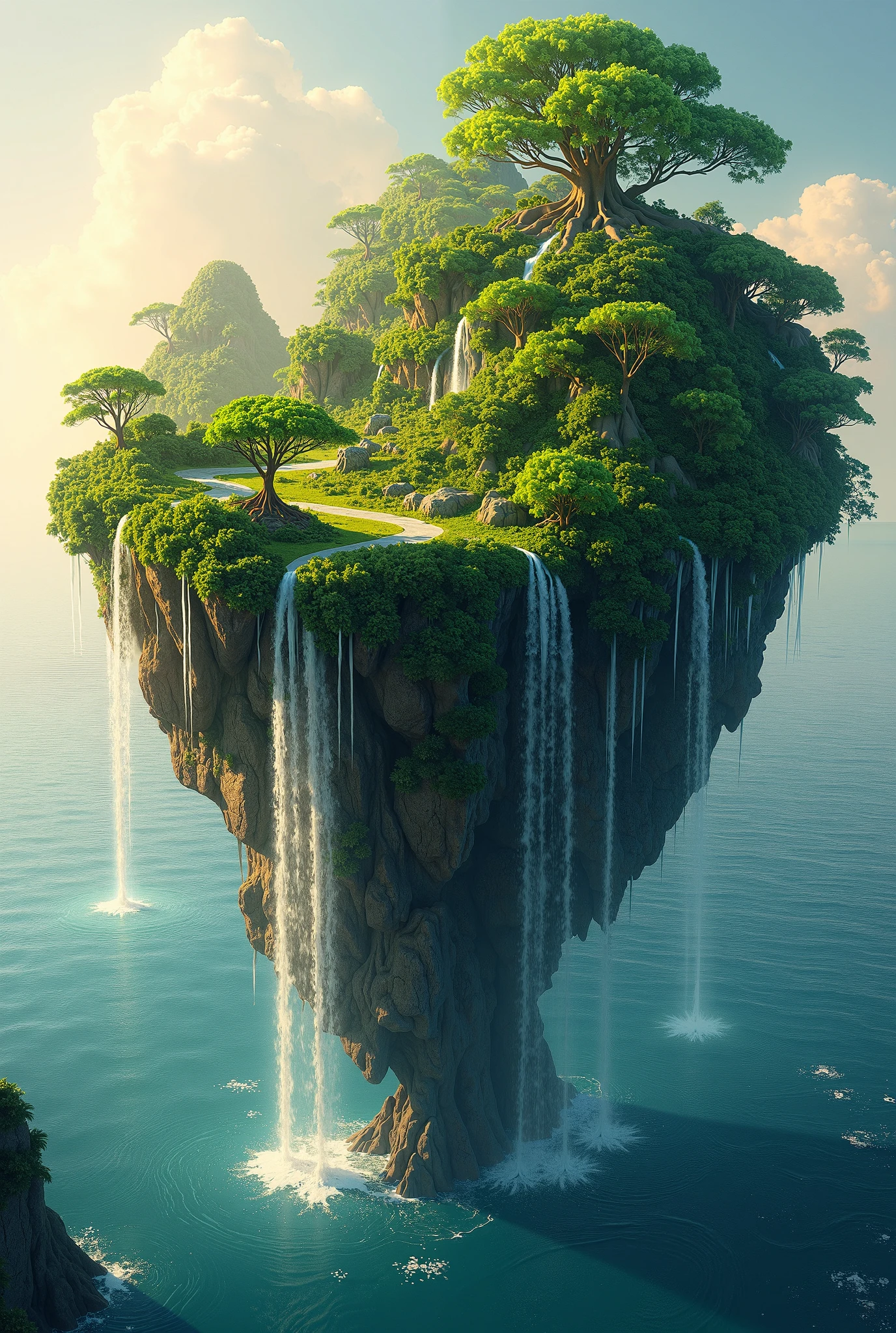 There is a small island with a waterfall and a tree on it - SeaArt AI
