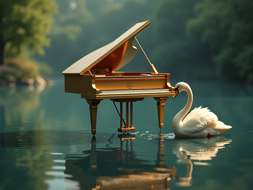 A floating piano in the middle of a reflective lake , with keys that ...