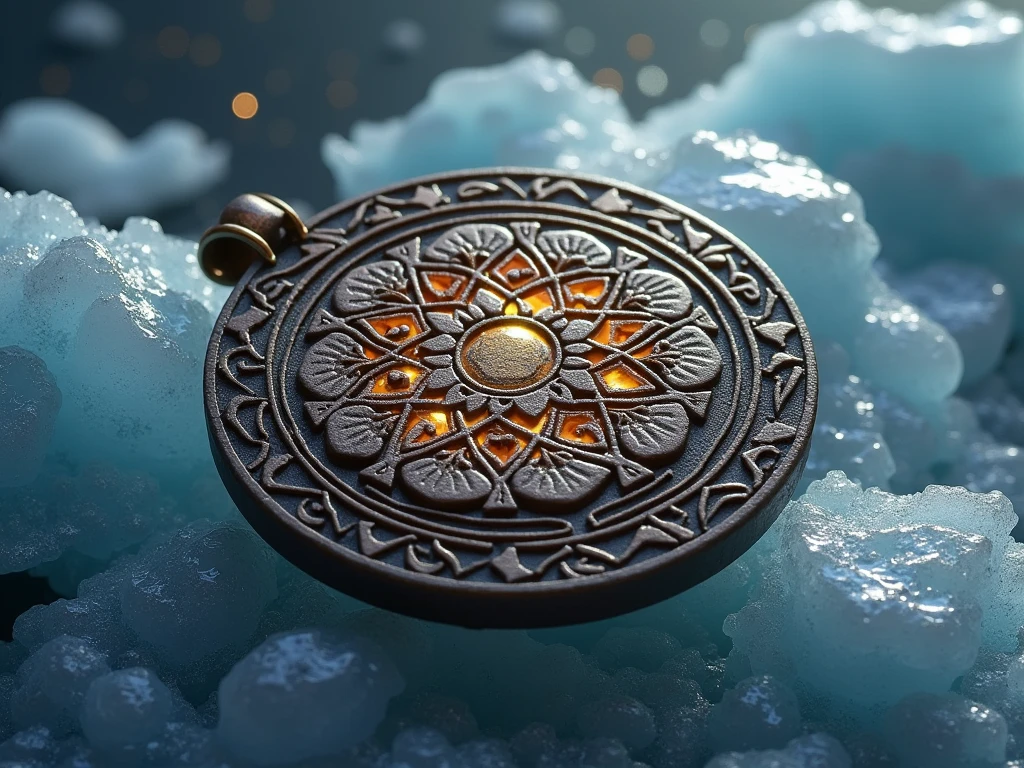 An ancient pendant carved with complex geometric patterns floats on a ...