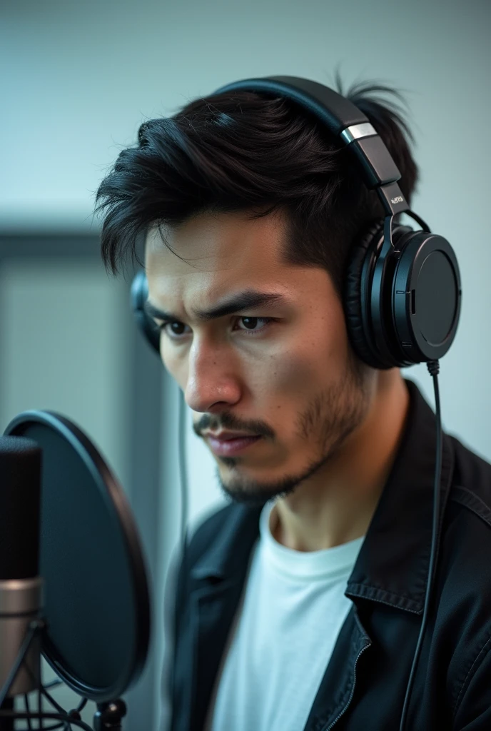 Medium build male with short black hair wearing headphones with ...