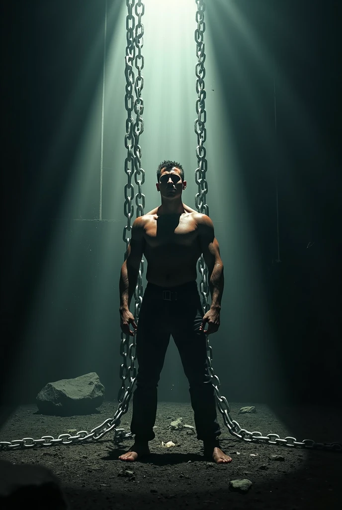 A dark setting where broken chains are illuminated by a strong light ...