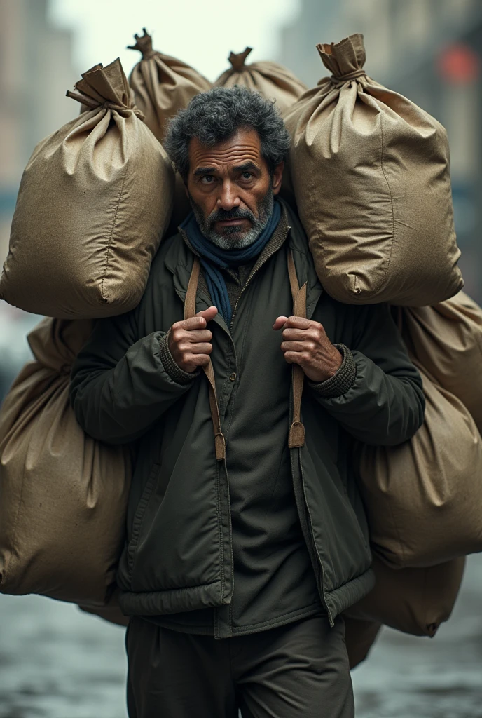 Sad man carrying multiple grocery bags - SeaArt AI