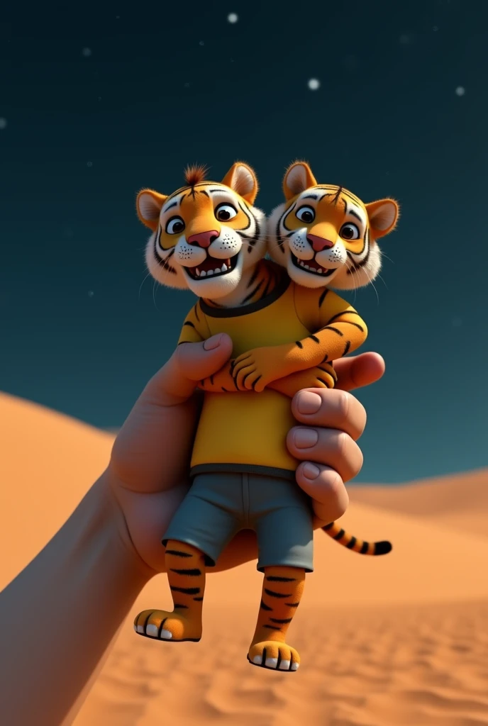 A 3D Pixar style hand holding a tiger. Where sand is sand everywhere ...