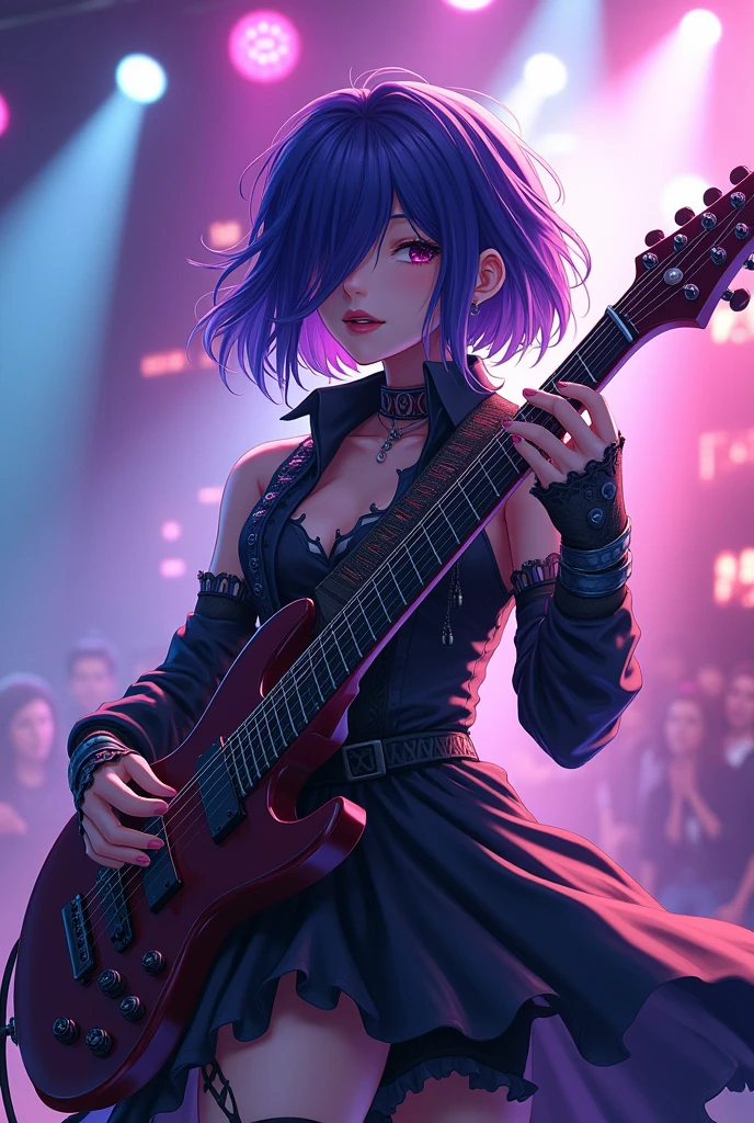 Stylish anime rocker girl plays guitar; with cobalt blue hair and dark ...
