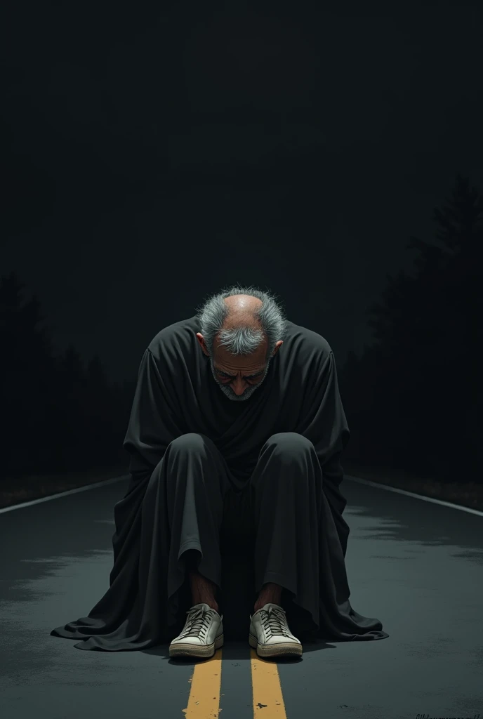 Animated begger [middle aged man]sitting in the black pitched road with ...