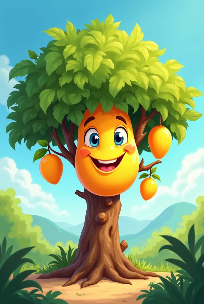 Mango tree cartoon with a happy face on the trunk - SeaArt AI
