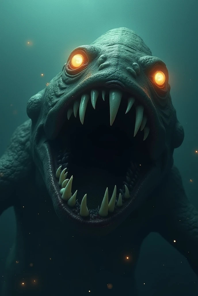 A monstrous deep-sea creature with an oversized gaping mouth filled with jagged - SeaArt AI