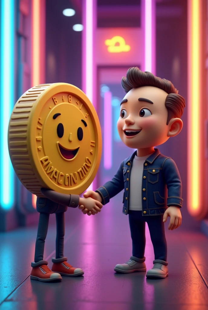 An coin emoji with hands,legs and smiley face.Shaking hand with Elon ...