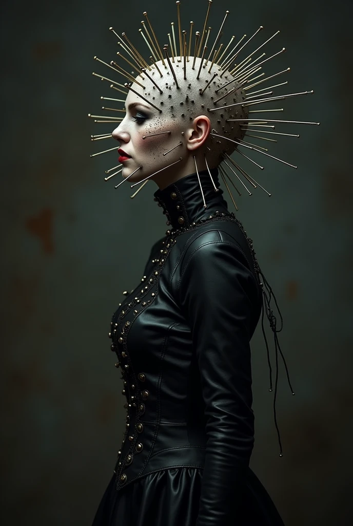 Make an image of a woman dressed as a pinhead . she is standing - SeaArt AI