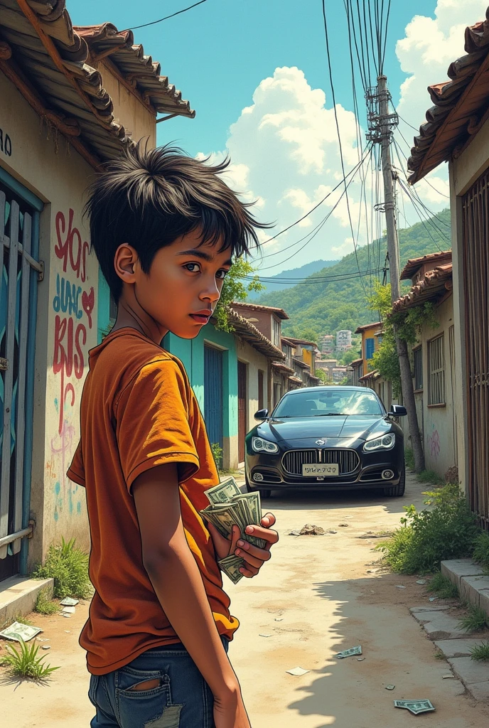 Create a boy in Brazilian style in drawing, in a slum, in the community ...
