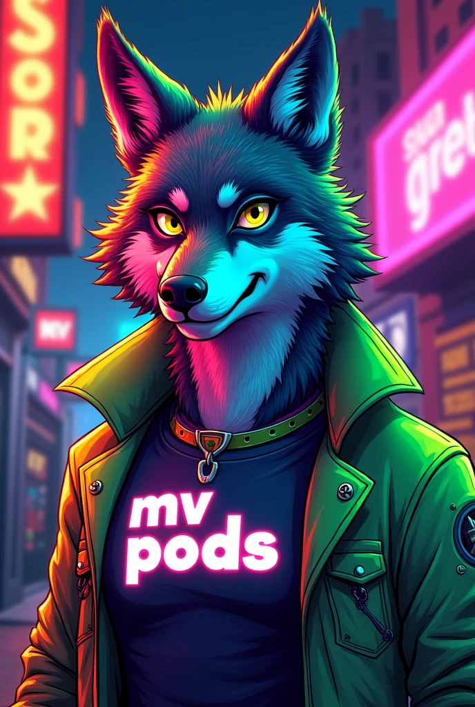 Create wolf with funkeiro style, with the name "MV PODS" printed on ...