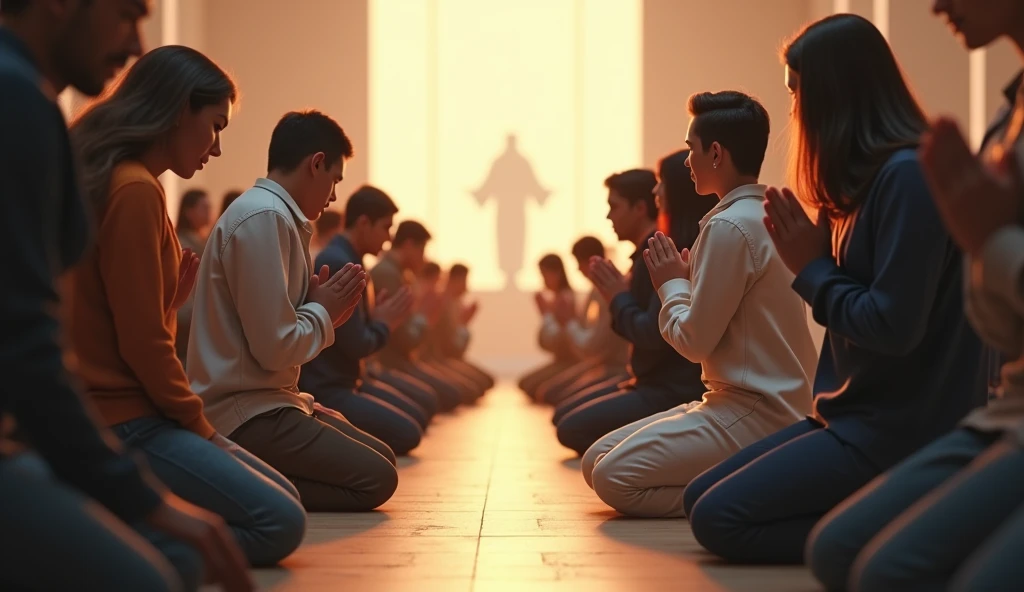 Several people in modern clothes gathered on their knees praying to God ...