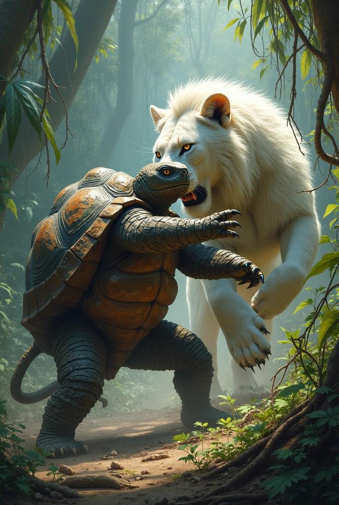 I want to create a picture denger turtle fight with denger white Lion ...
