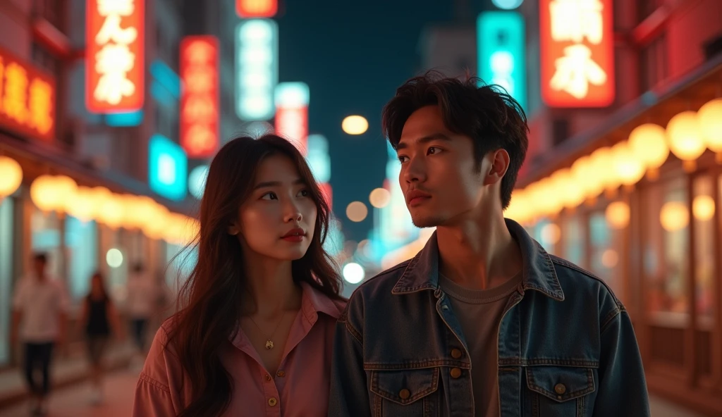 Asian man and girl，walking in a lit city street at night, Masterpiece ...