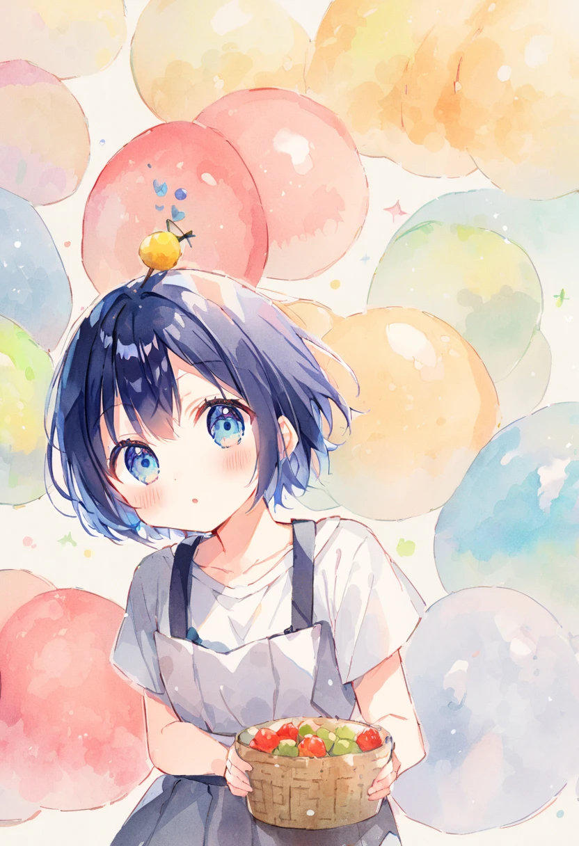 Watercolor colorful,himawari,girl,,solo,dark blue hair,spicky short ...