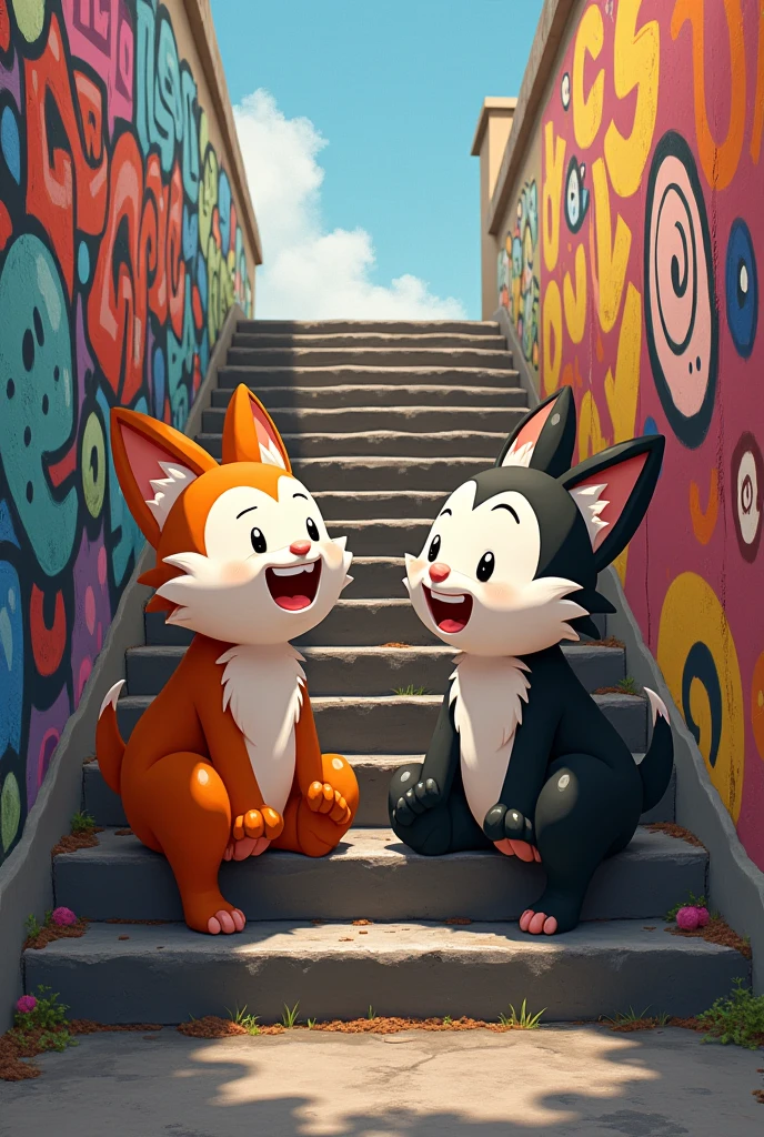 Two ren sat on the floor of the stairs, facing forward, laughing at ...