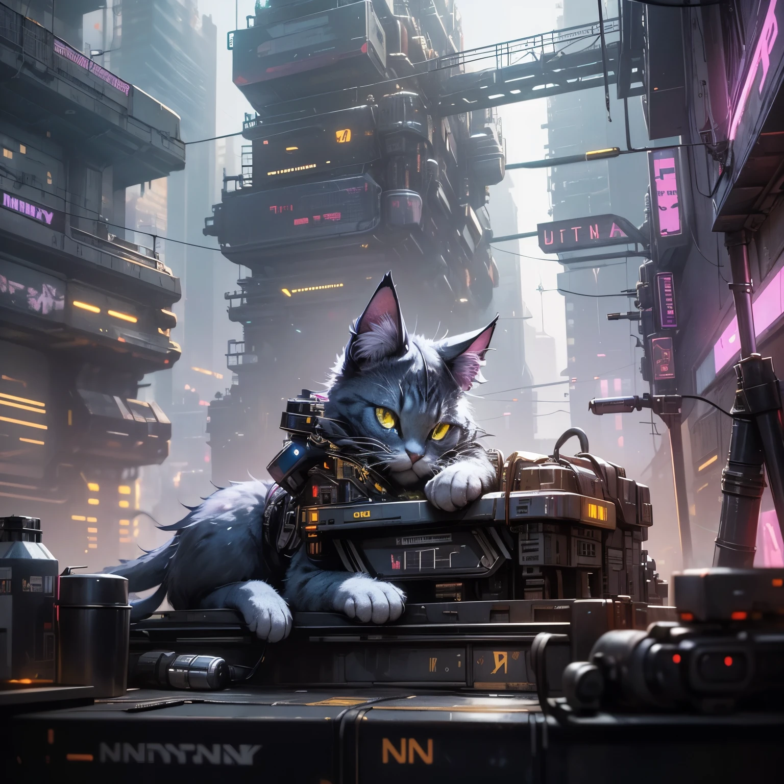 There is a cat that is sitting on a box in the street - SeaArt AI