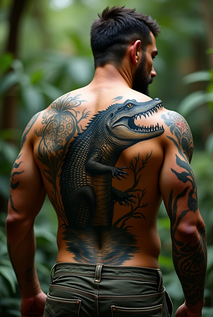 Tattoo of a caiman on a man's back - SeaArt AI