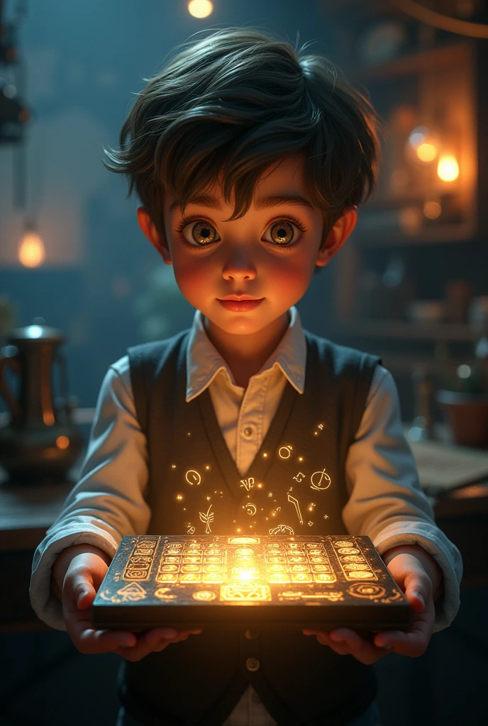 Create an image of a magic calculator in the hands of a boy - SeaArt AI