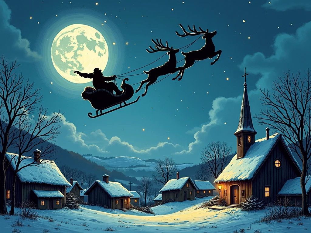 Silhouette of Santa flying over a village with his sleigh, Drawing ...