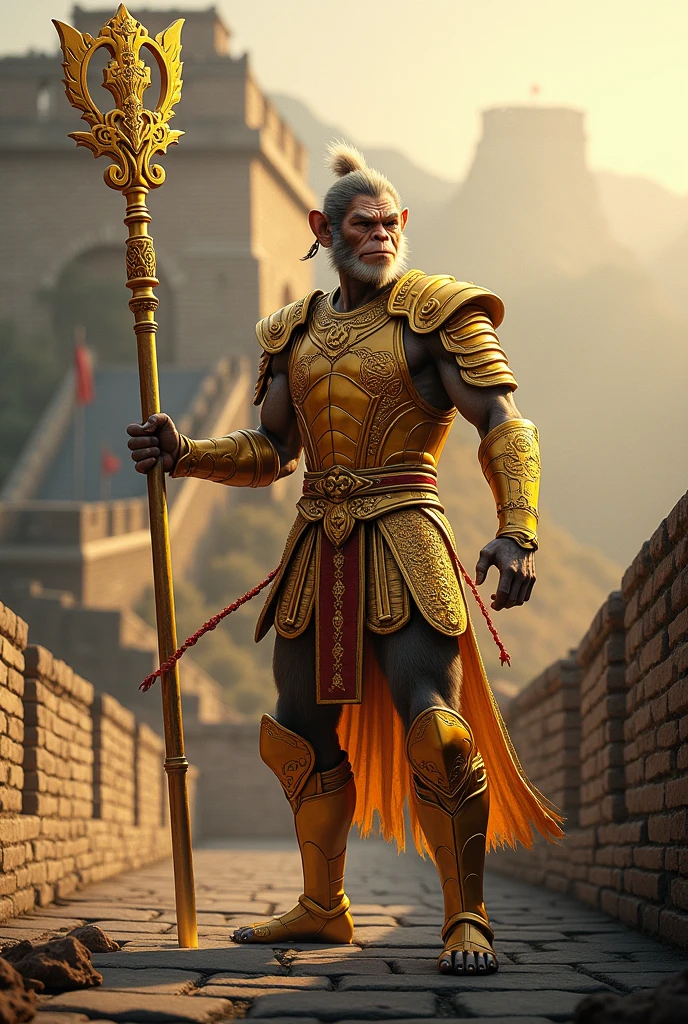 Wukong the legendary monkey with his staff on the wall of China - SeaArt AI