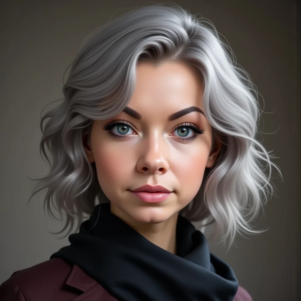 Create a photorealistic portrait of a woman with the following ...