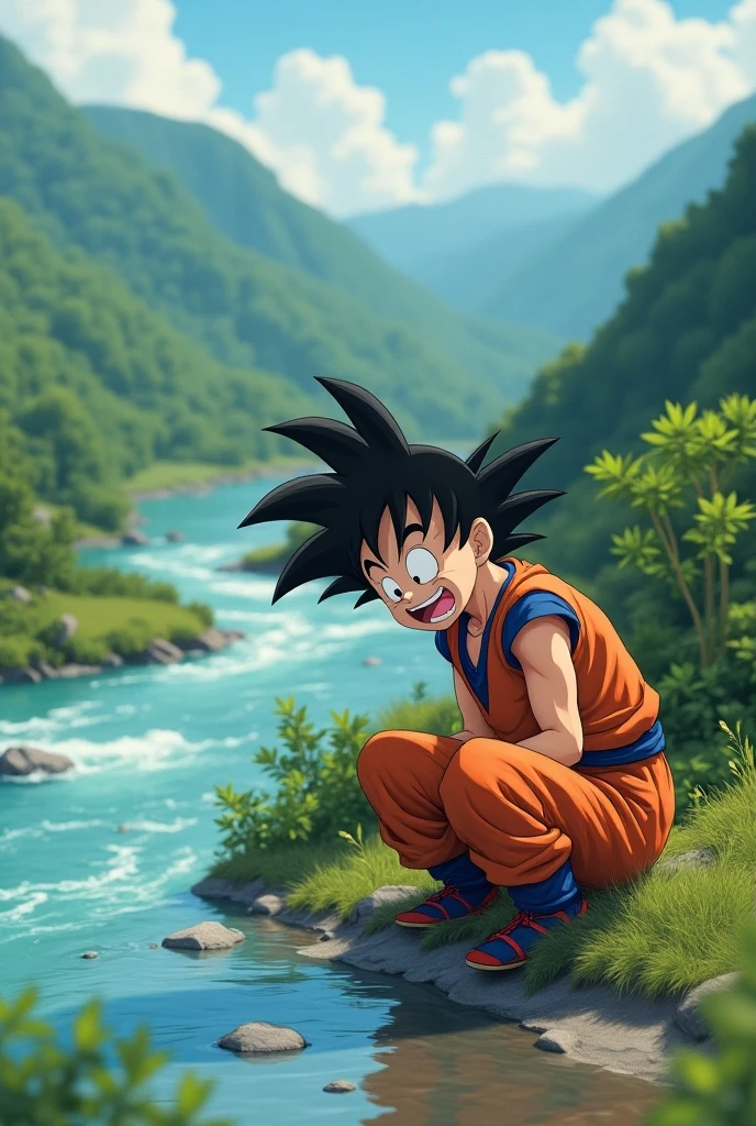 Goku pooping in a river - SeaArt AI